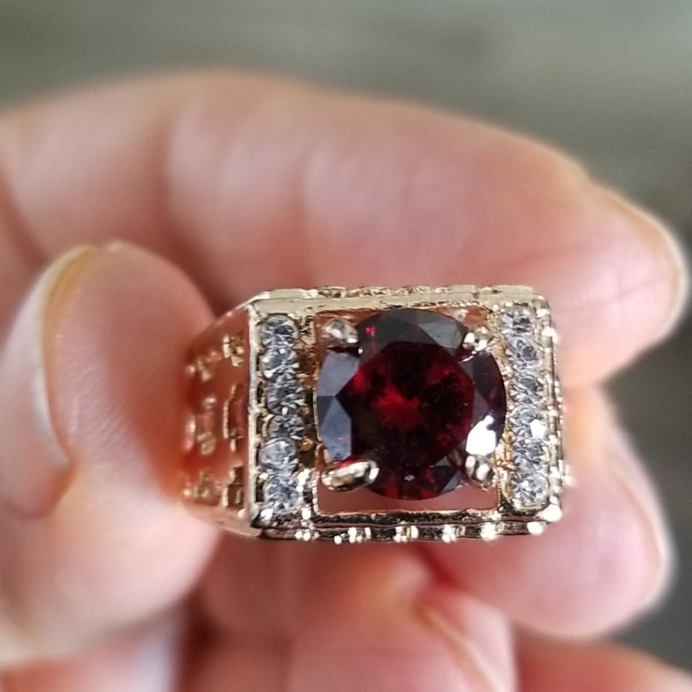 Ruby Glass Cabochon Cocktail Ring Embellished Diamant… - Gem